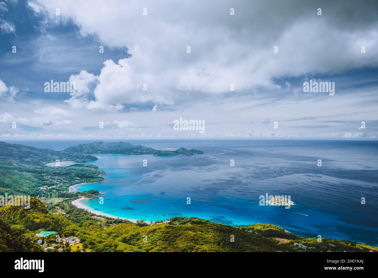Mahe island, Seychelles. Panoramic view on therese island, bay ternay ...