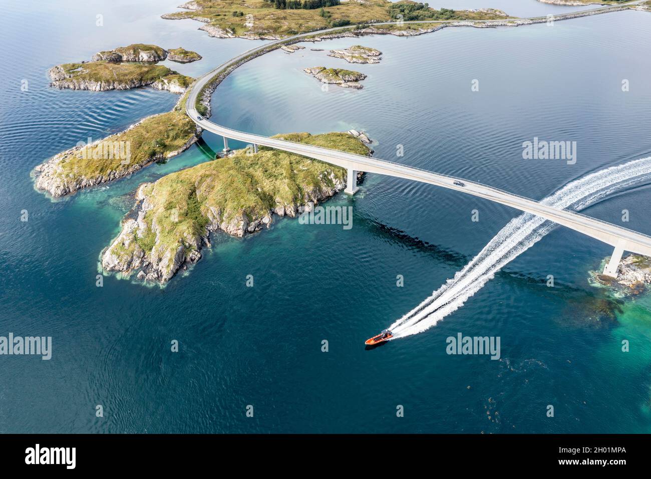 Aerial view of bridge connecting islands at the norwegian coast, motor ...