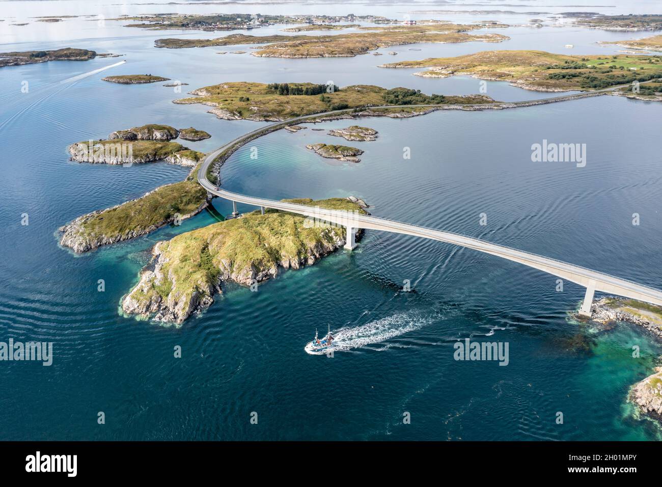 Aerial view of bridge connecting islands at the norwegian coast ...