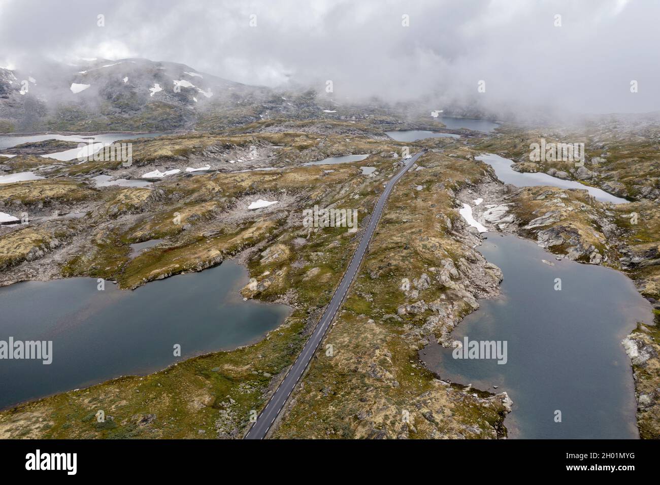 Aerial view of the Sognefjell road, mountain road along Jotunheimen ...
