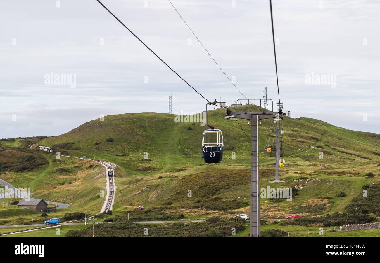 Cable cars on the Great Orme as the famous trams prepare to pass one ...