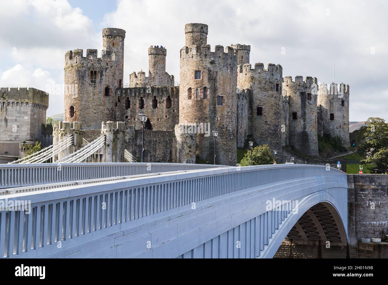Close up of Conwy Castle over the bridge spanning the River Conwy in ...