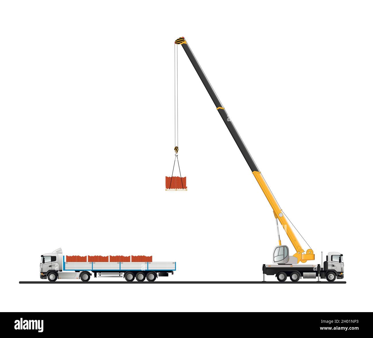 Truck crane. The process of unloading a truck with bricks. Flat vector illustration Stock Vector ...