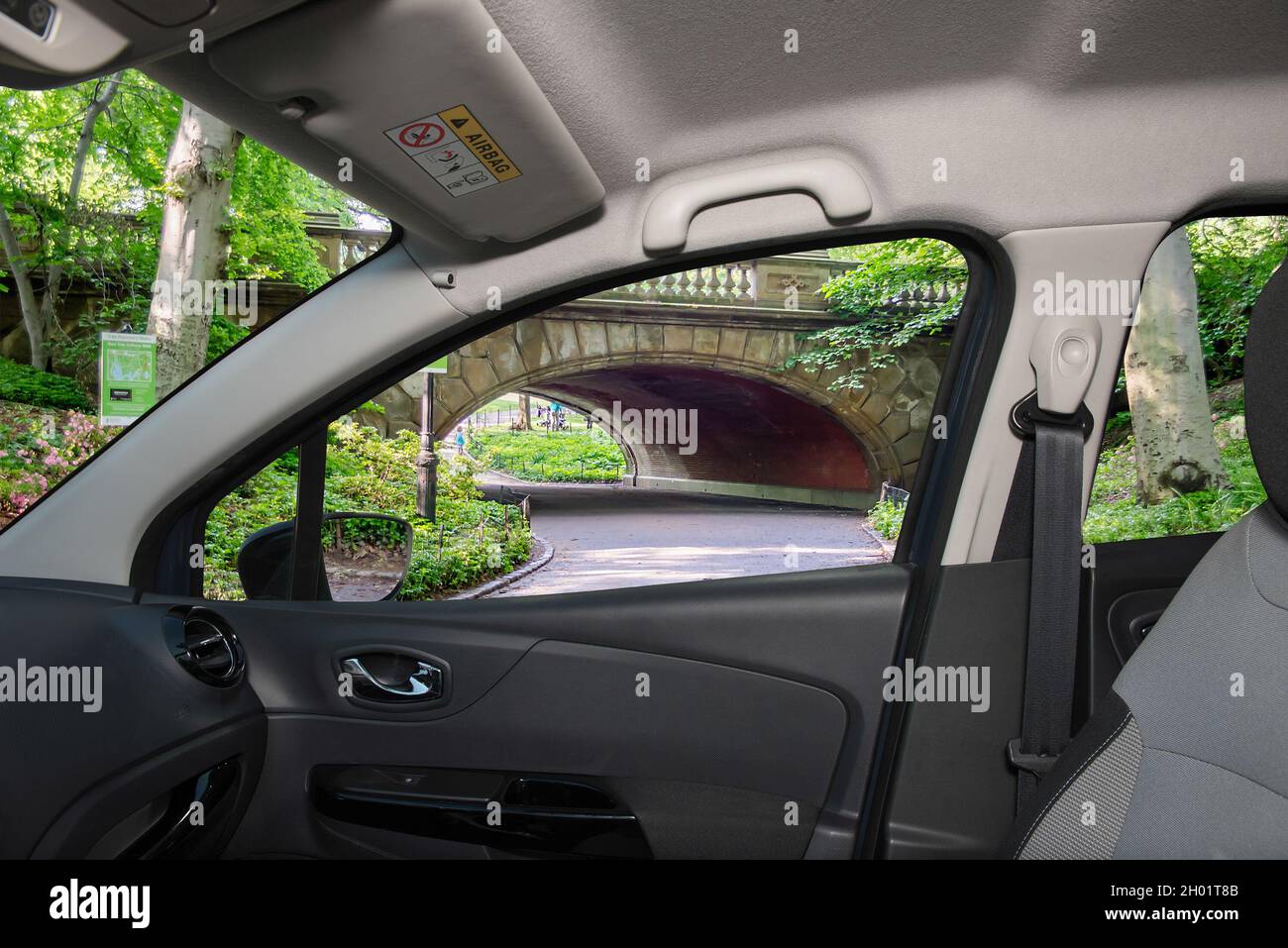 Looking through a car window with view of Central Park, Manhattan, New ...