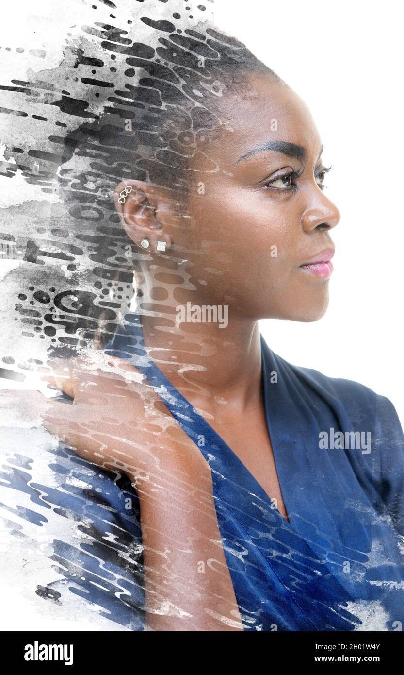 A double exposure portrait of a woman combined with abstract geometric ...