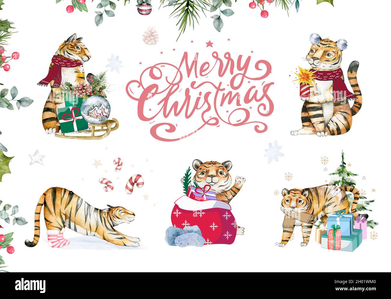 Merry Christmas watercolor lettering with isolated cute cartoon ...