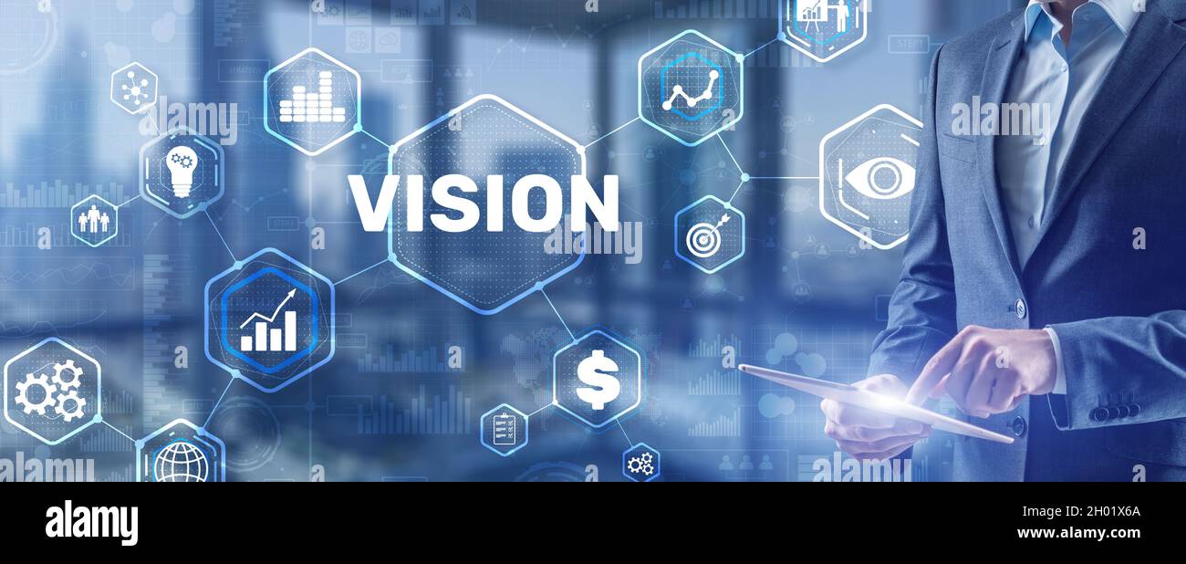 Vision. Business people and modern city on background. Virtual screen ...