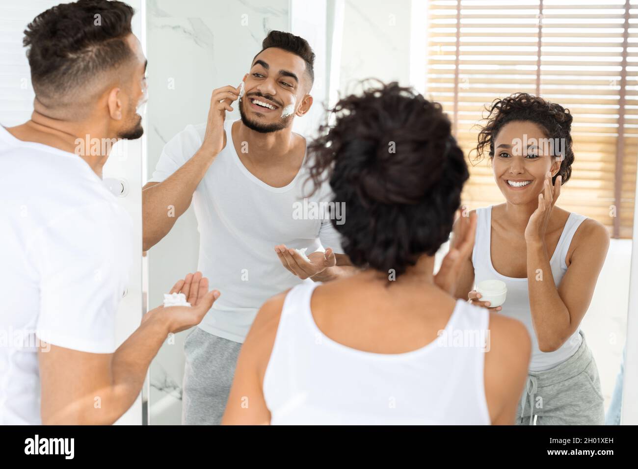 Morning Routine Happy Young Arab Couple Getting Ready Together Near