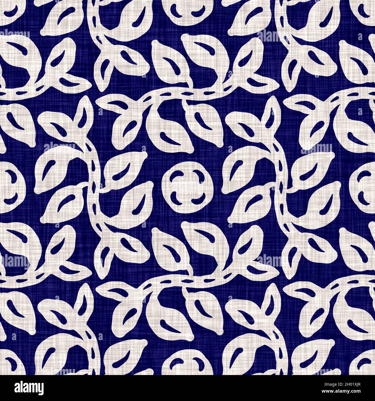 Indigo blue foliage block print dyed linen texture background. Seamless ...
