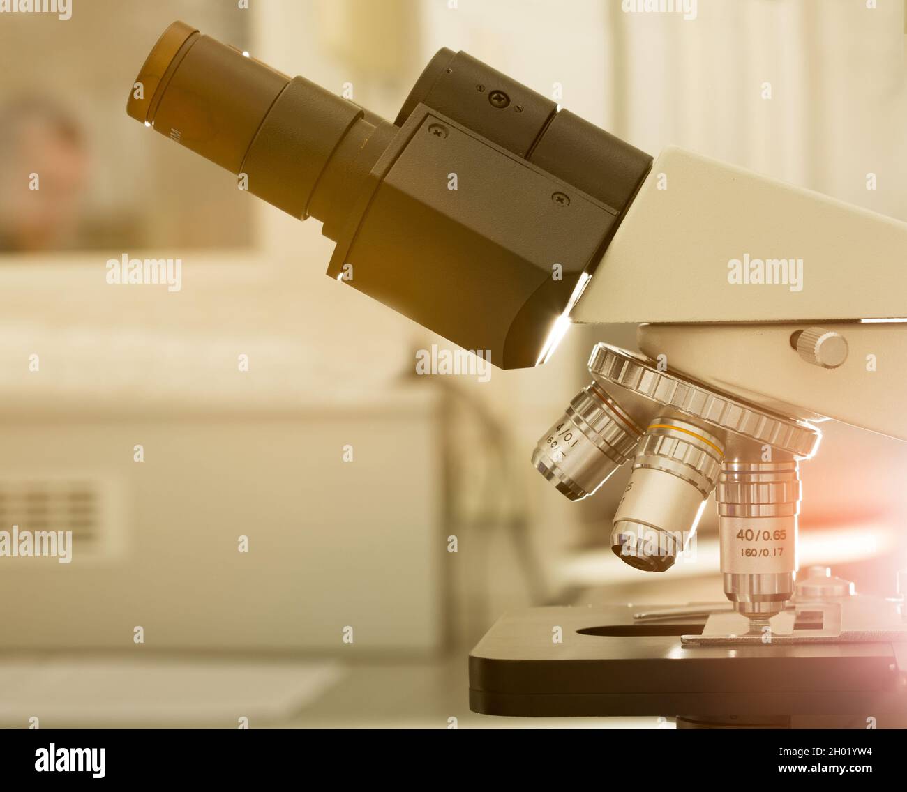 Close up of microscope with samples on slide glass in laboratory Stock ...