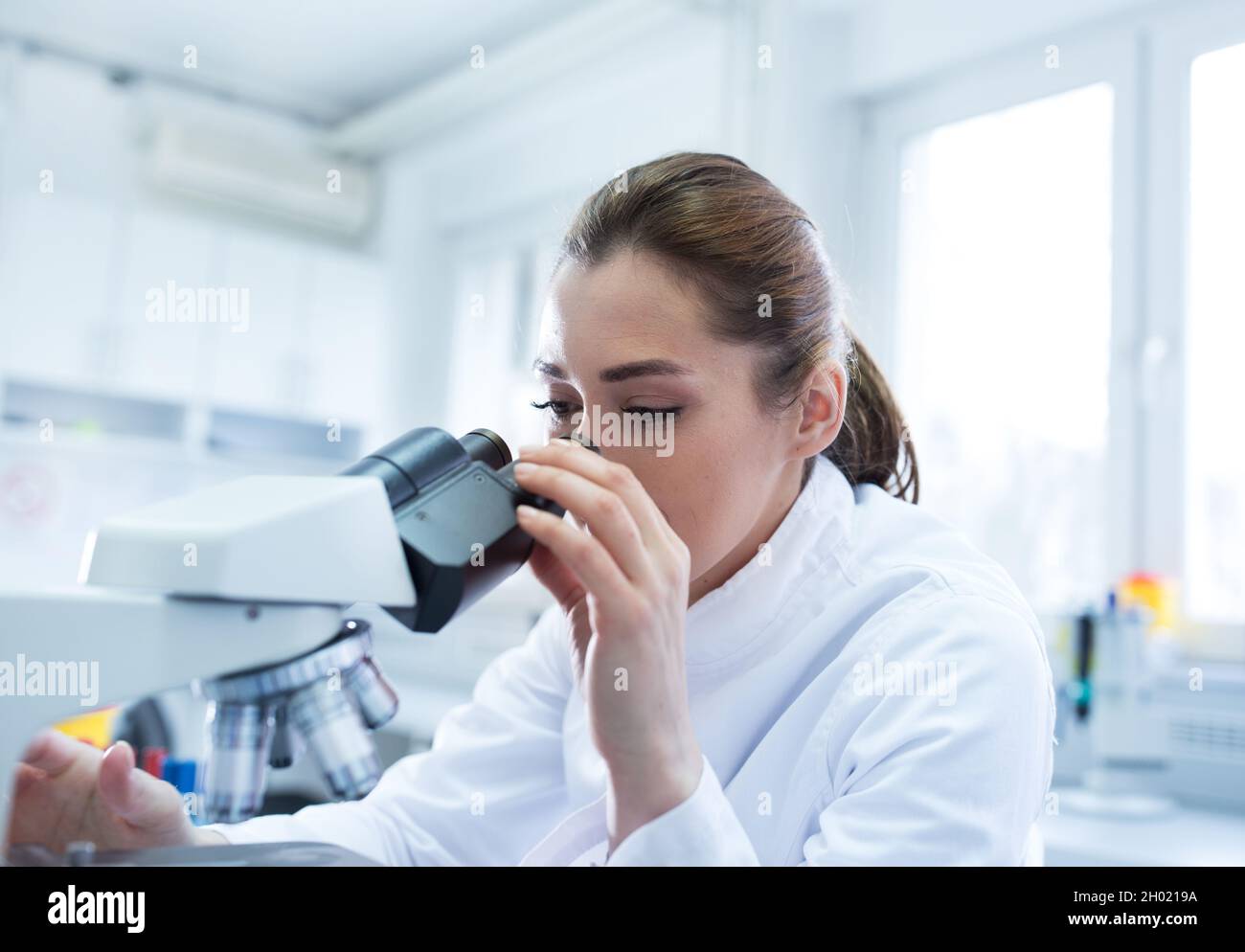 Pretty young biologist looking through microscope in medical samples i ...