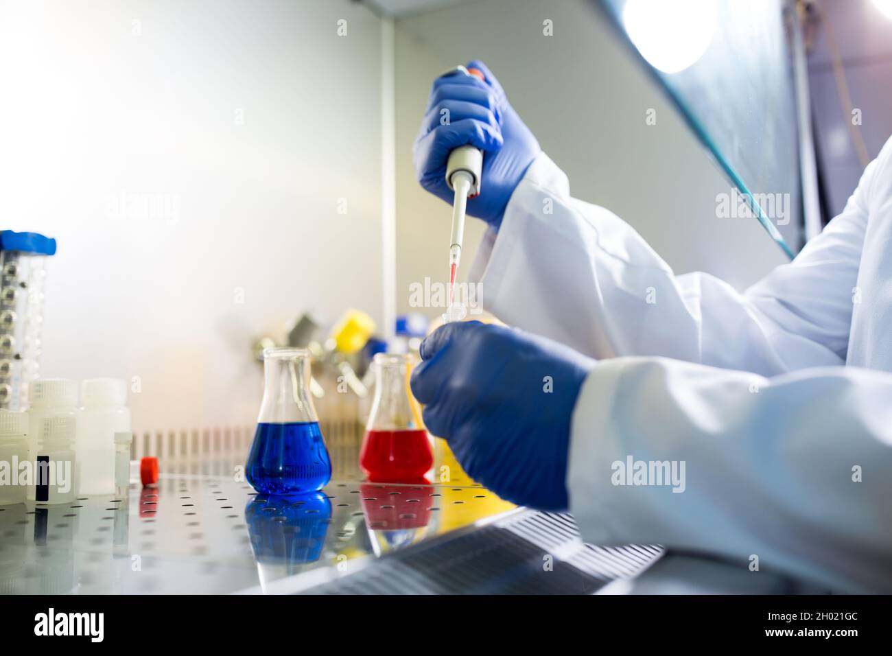 Biologist working in uv glow box in laboratory with chemicals Stock ...