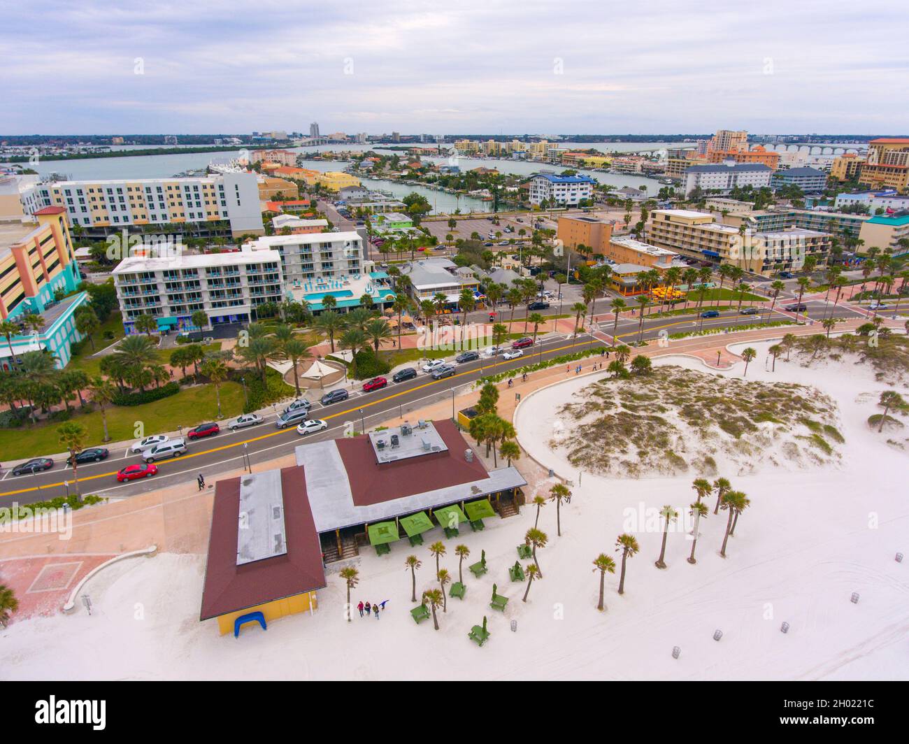 Clearwater Beach and Clearwater Harbor aerial view in a cloudy day ...