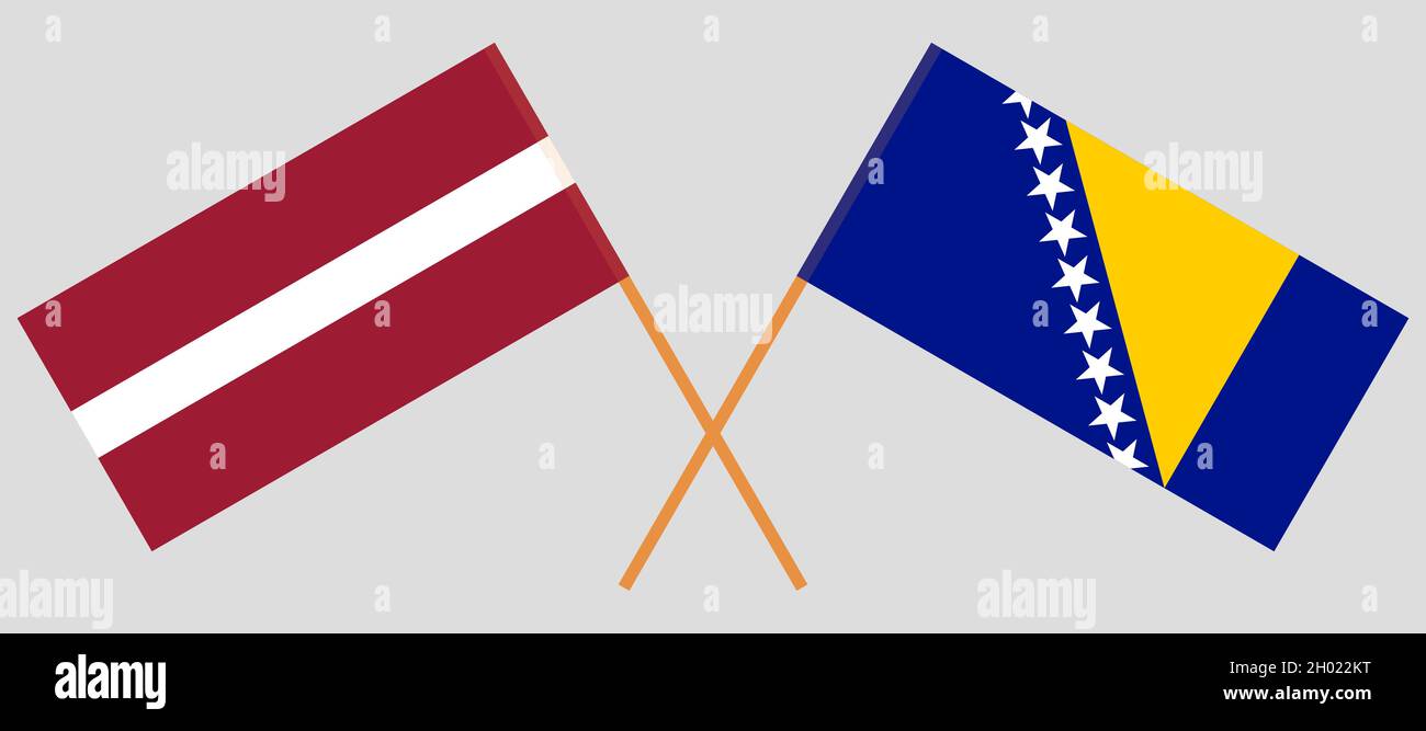 Crossed flags of Bosnia and Herzegovina and Latvia. Official colors ...