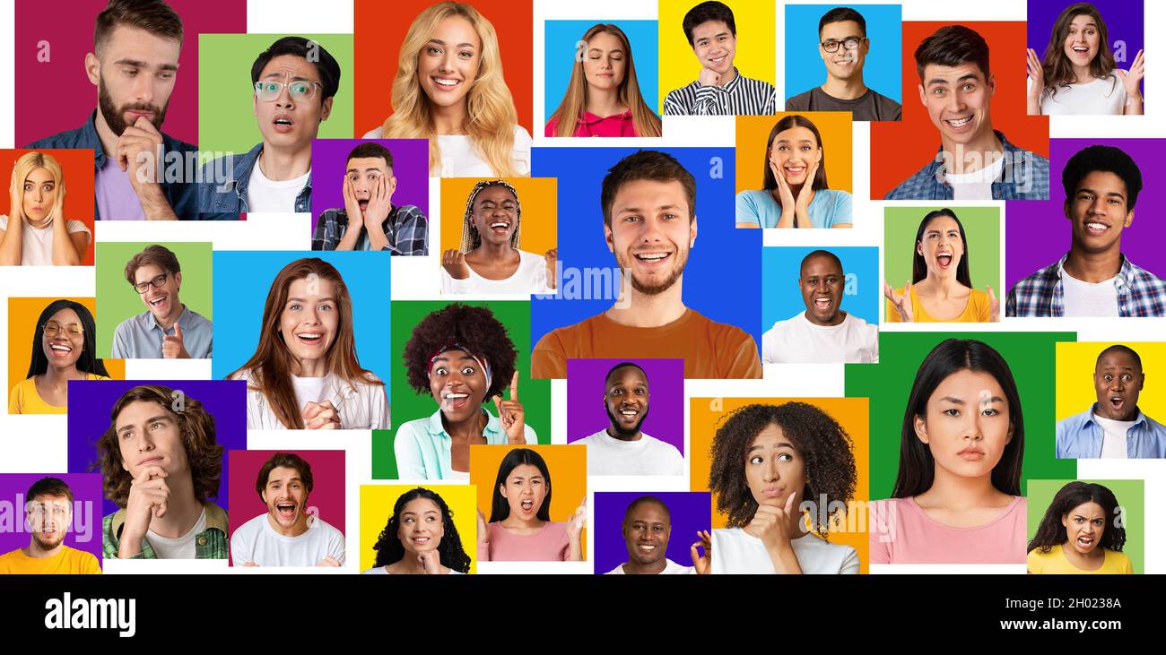 Set of young male and female emotional portraits. Diverse people posing ...