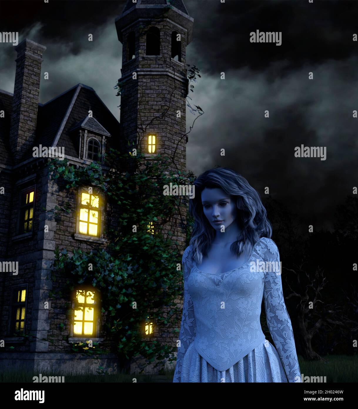 Scary ghost woman in an old haunted house at night - 3d rendering Stock ...