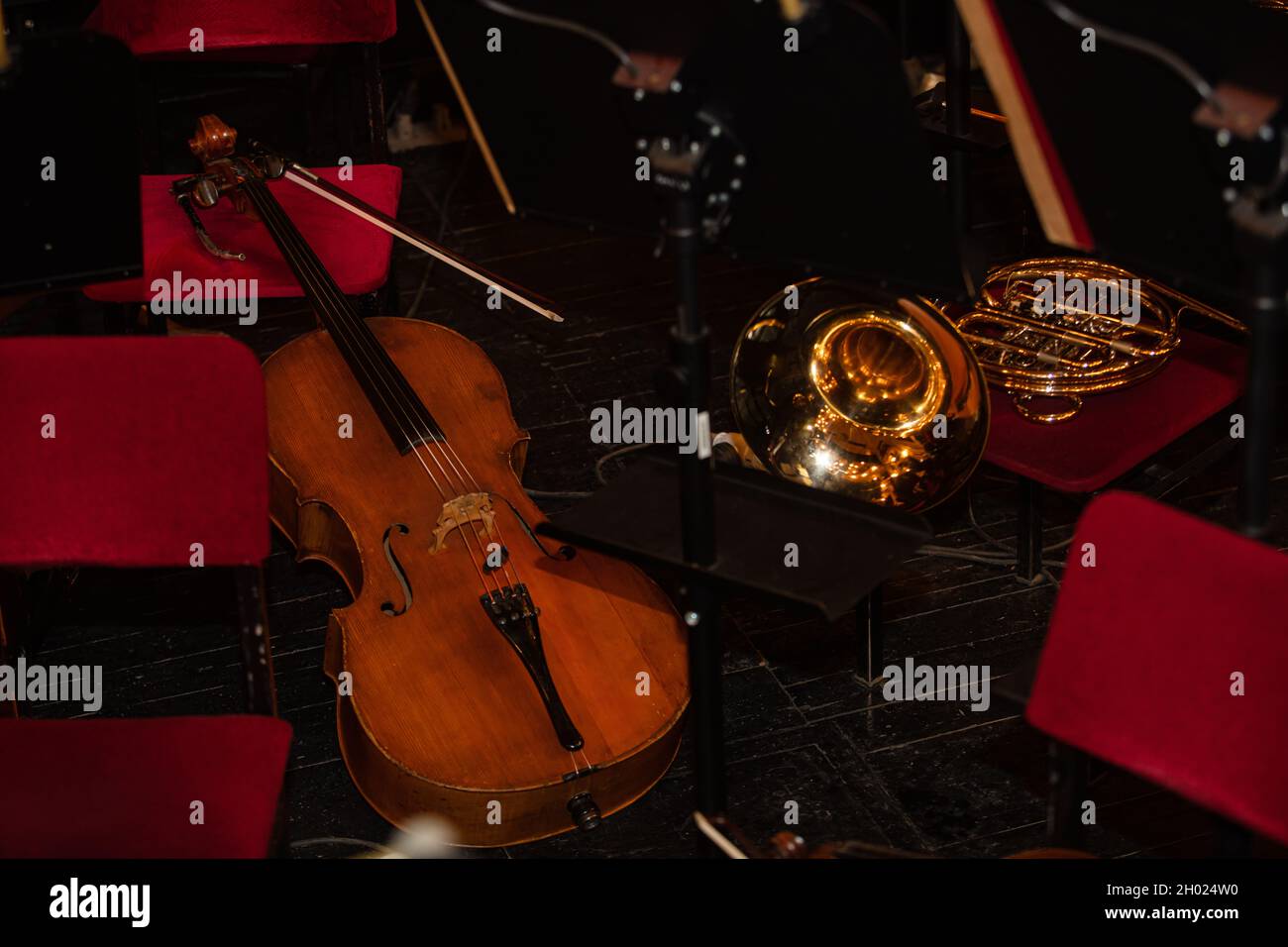 Cello and French Horn on chair during interval in theatre Stock Photo ...