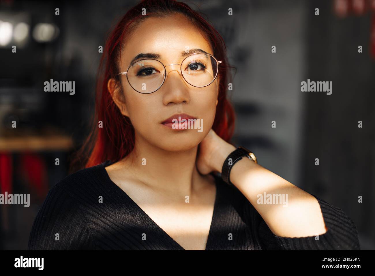 Portrait Of Pretty Smiling Asian Woman Wearing Glasses Korean