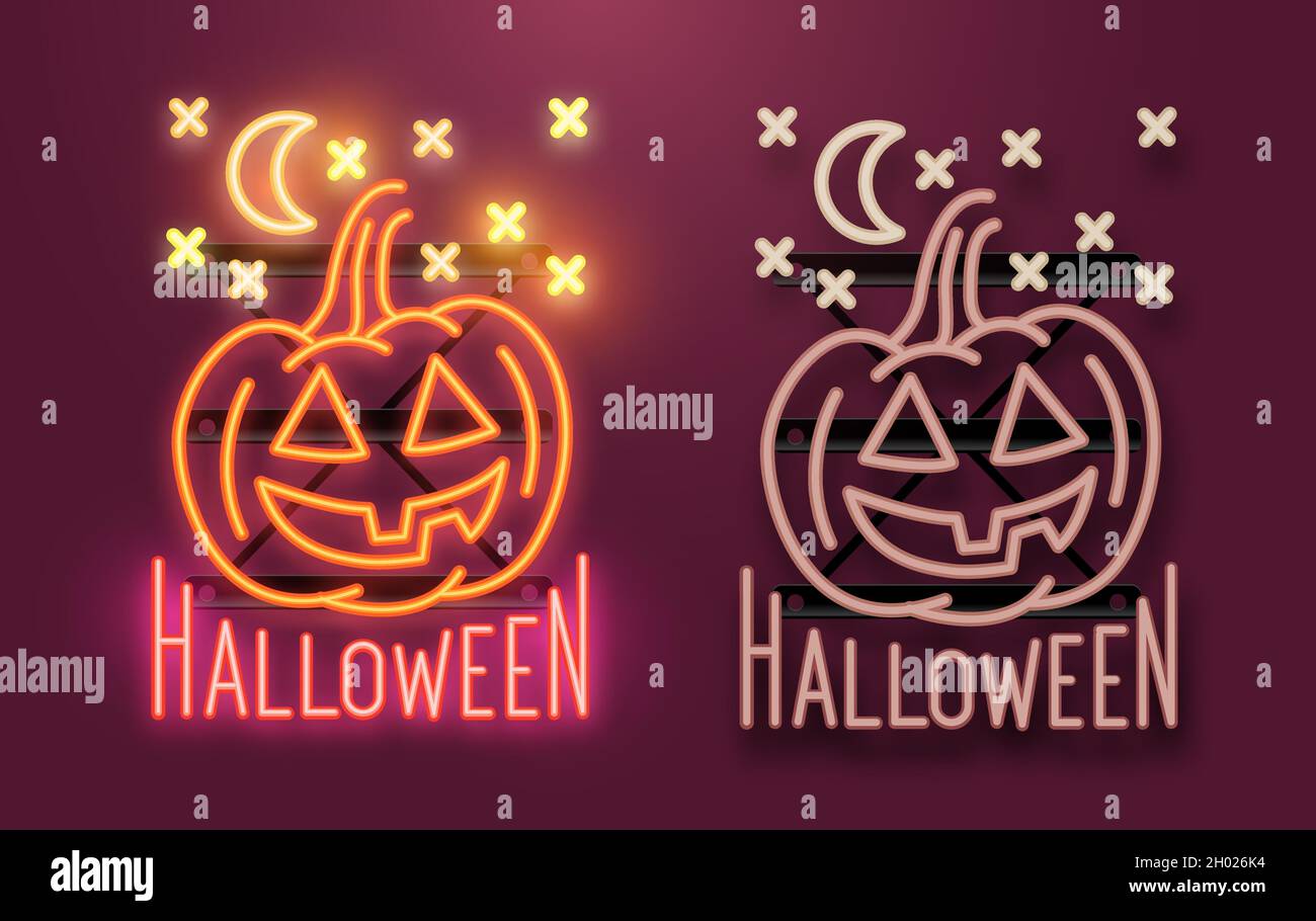 A glowing neon halloween sign with a Jack O Lantern grinning pumpkin ...