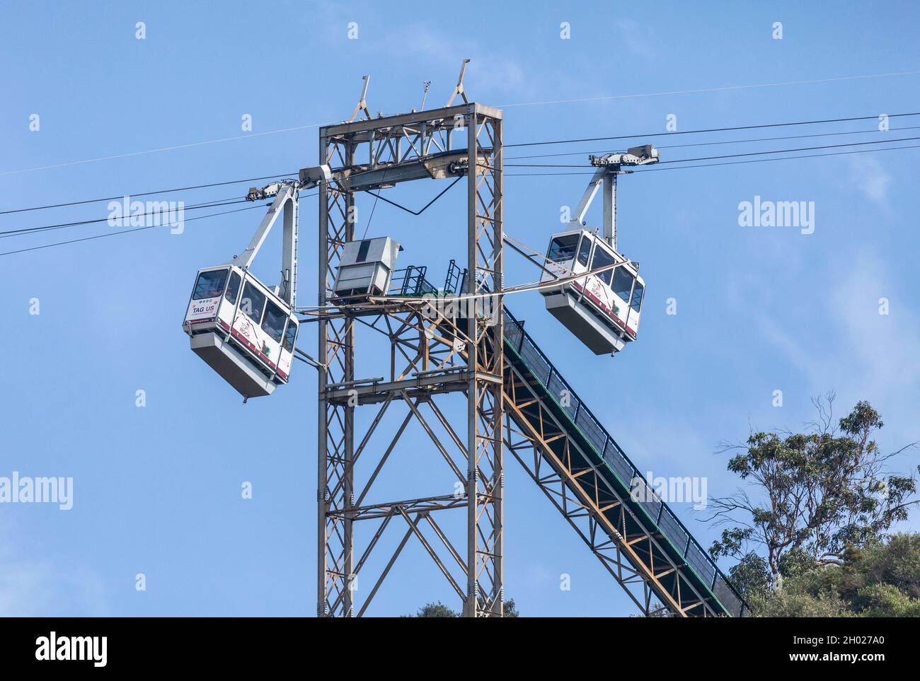 Two 'cars' of the Gibraltar Cable Car, passing each other as they go to ...