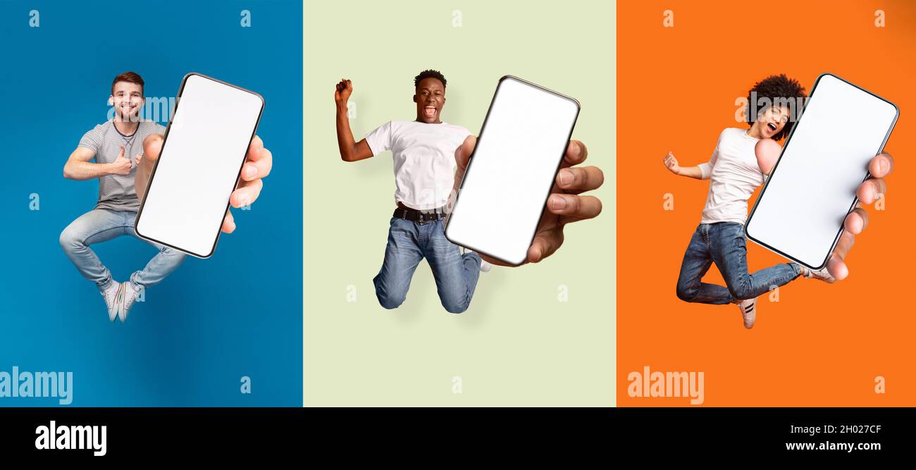 Satisfied happy excited diverse people jumping, have fun and show ...