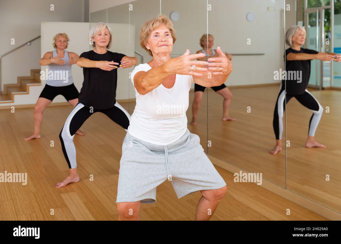 Senior lady learning classic dance moves during group class Stock Photo ...