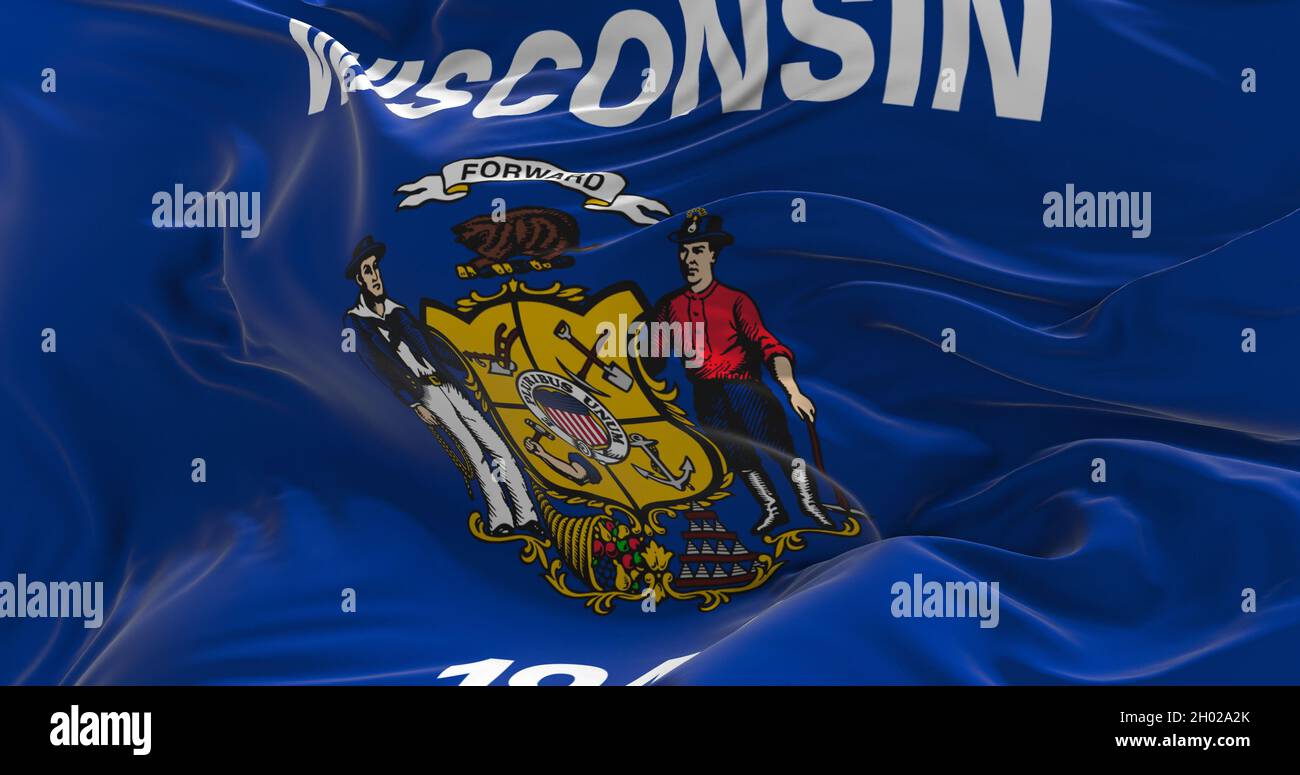 flag of Wisconsin waving in the wind. Patriotic concept about state. 3d ...