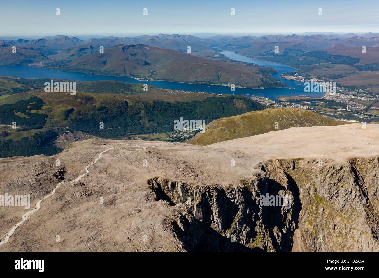 Aerial view of the footpath to the summit of Ben Nevis with several sea ...