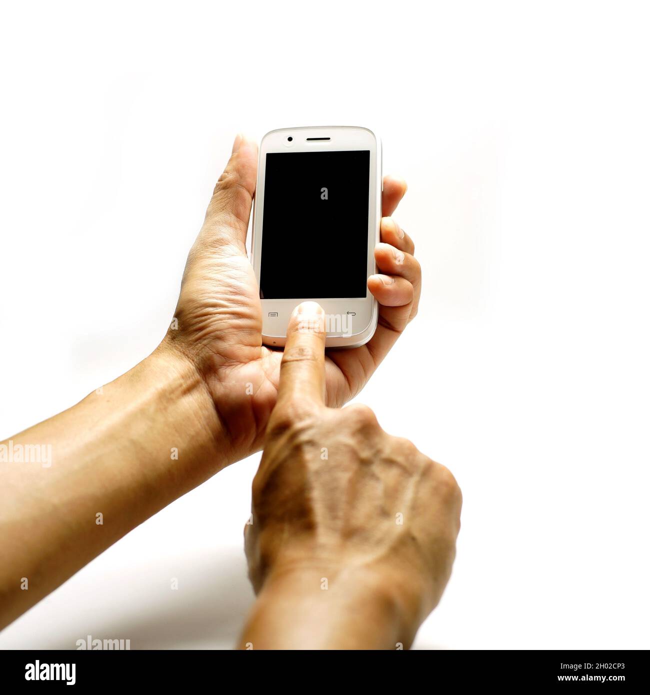 man hand hold phone isolated on white background Stock Photo - Alamy