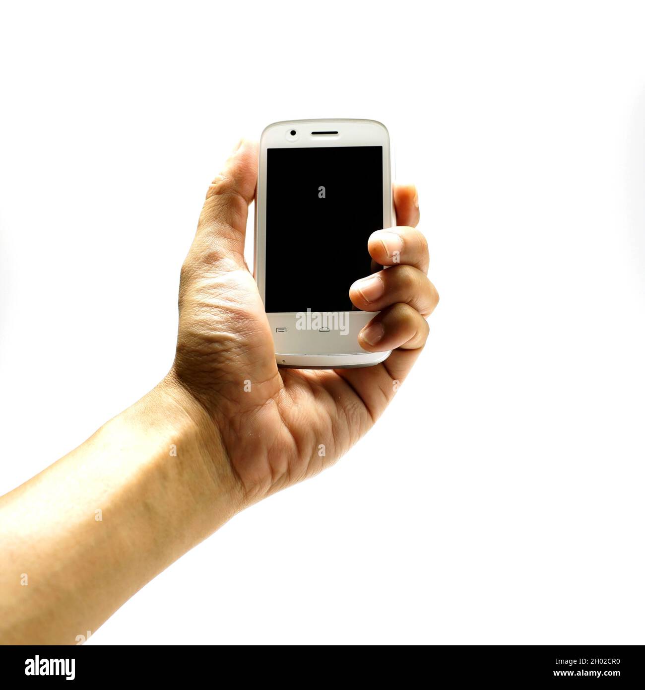 man hand hold phone isolated on white background Stock Photo - Alamy