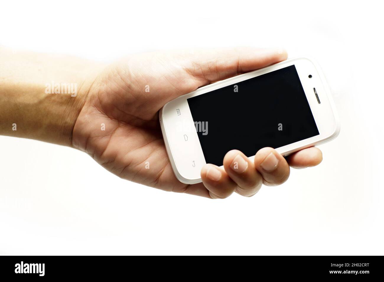 man hand hold phone isolated on white background Stock Photo - Alamy