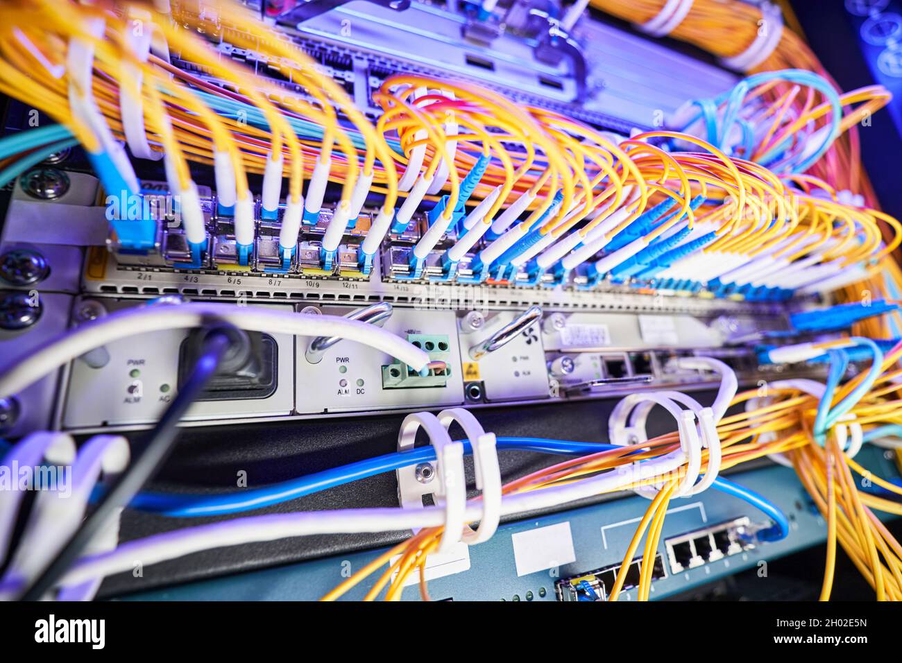 Variety of cables inserted in patch panel of network switch Stock Photo ...