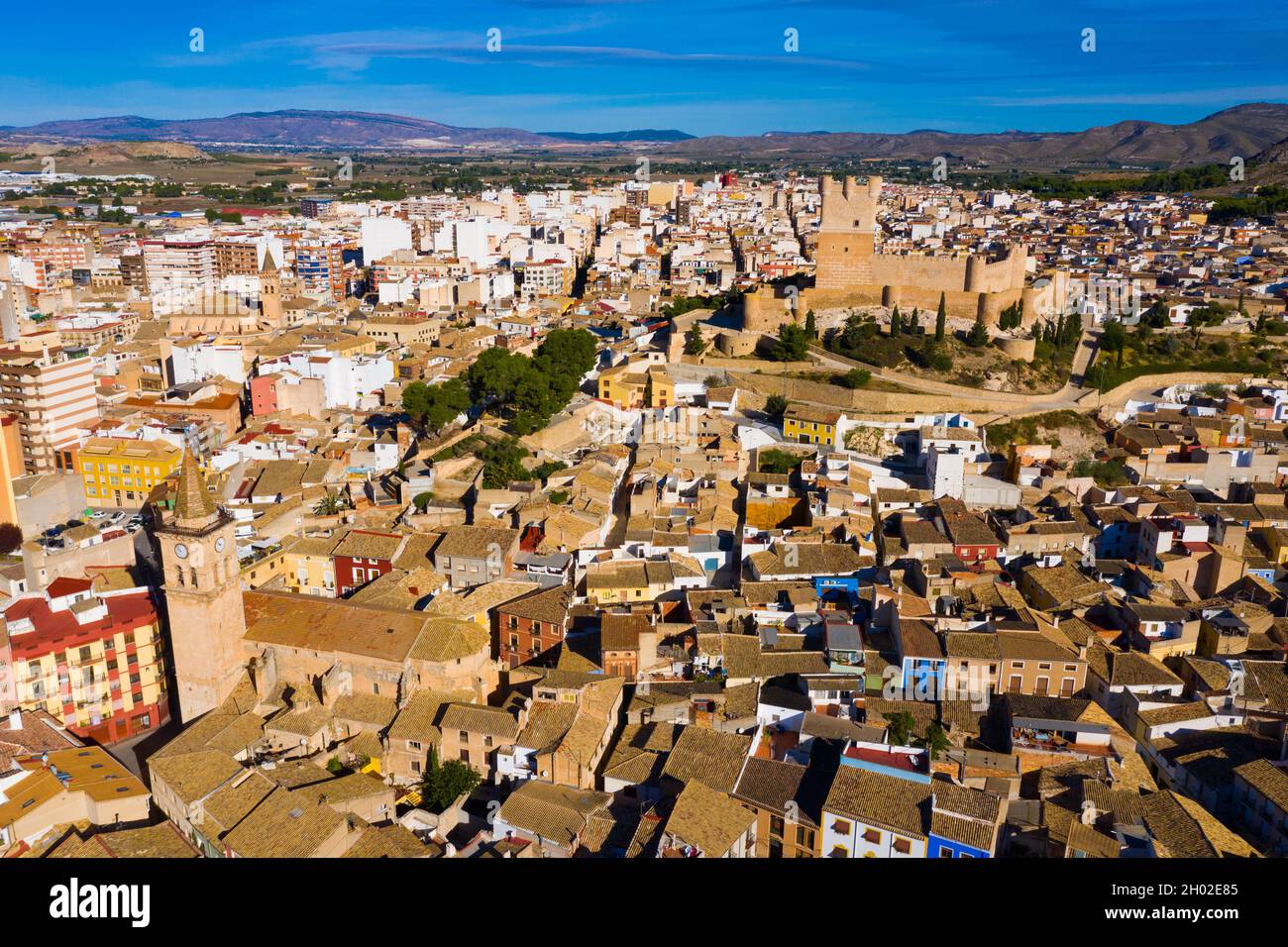 View from drone of Spanish city of Villena overlooking Castle de ...