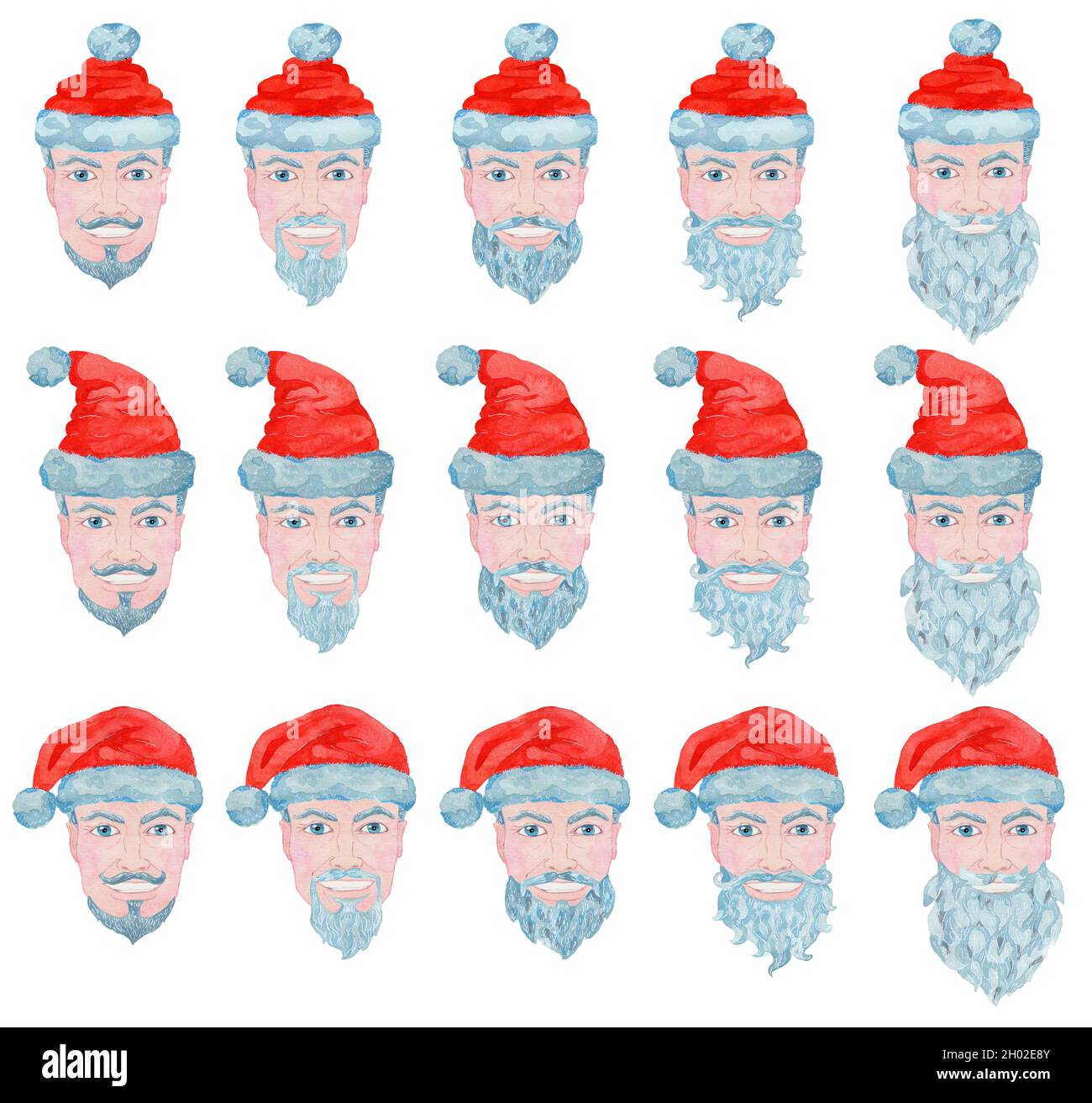 Set with positive senior man head wearing red Santa Claus hat isolated ...