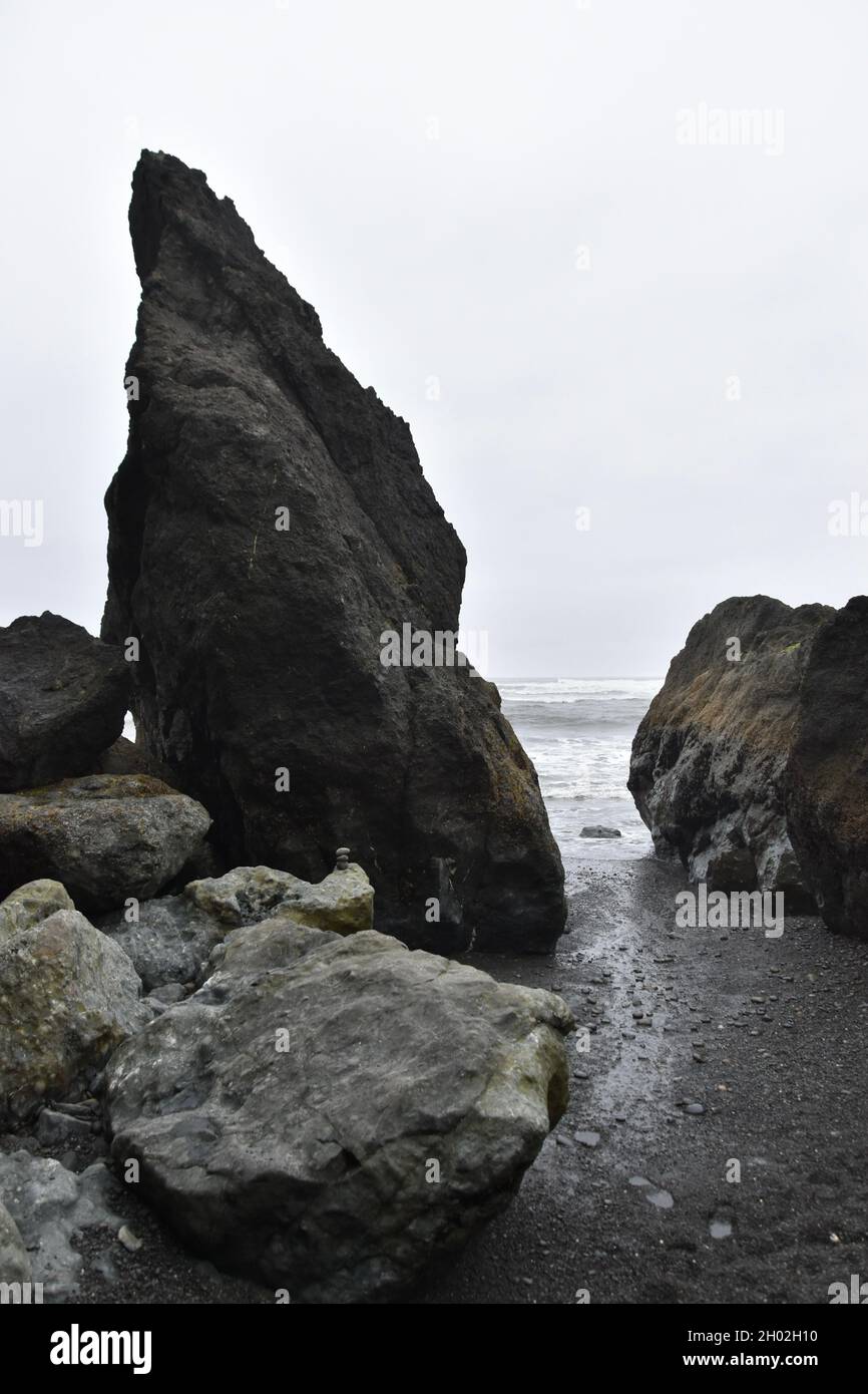 The coastal rock formations at Ruby Beach on a foggy day in Olympic ...