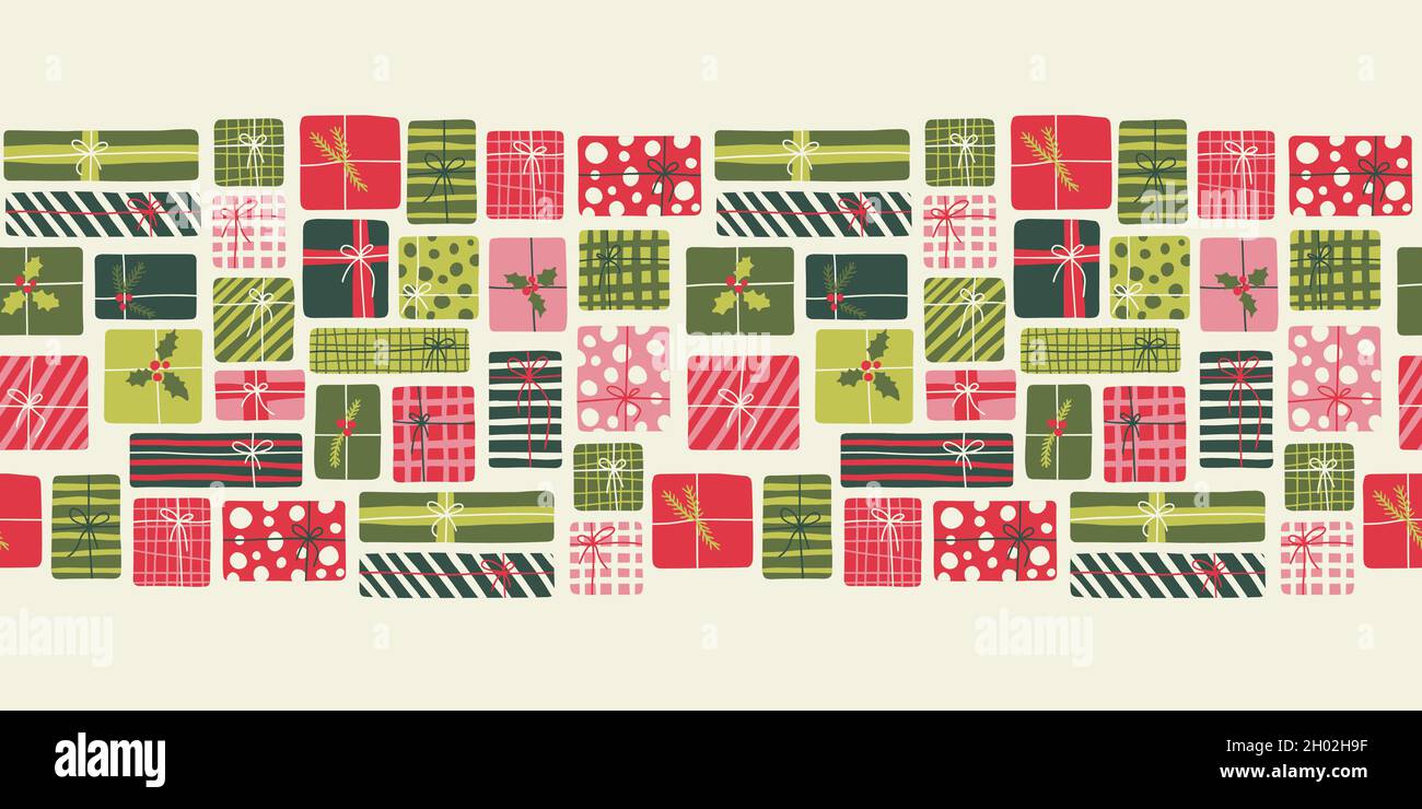 Retro 70s Whimsical Christmas Hand Drawn Gift Boxes Vector Seamless ...