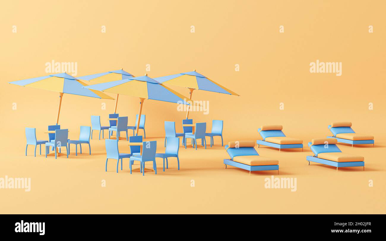 Beach chairs and umbrella on pastel blue and organce background ...