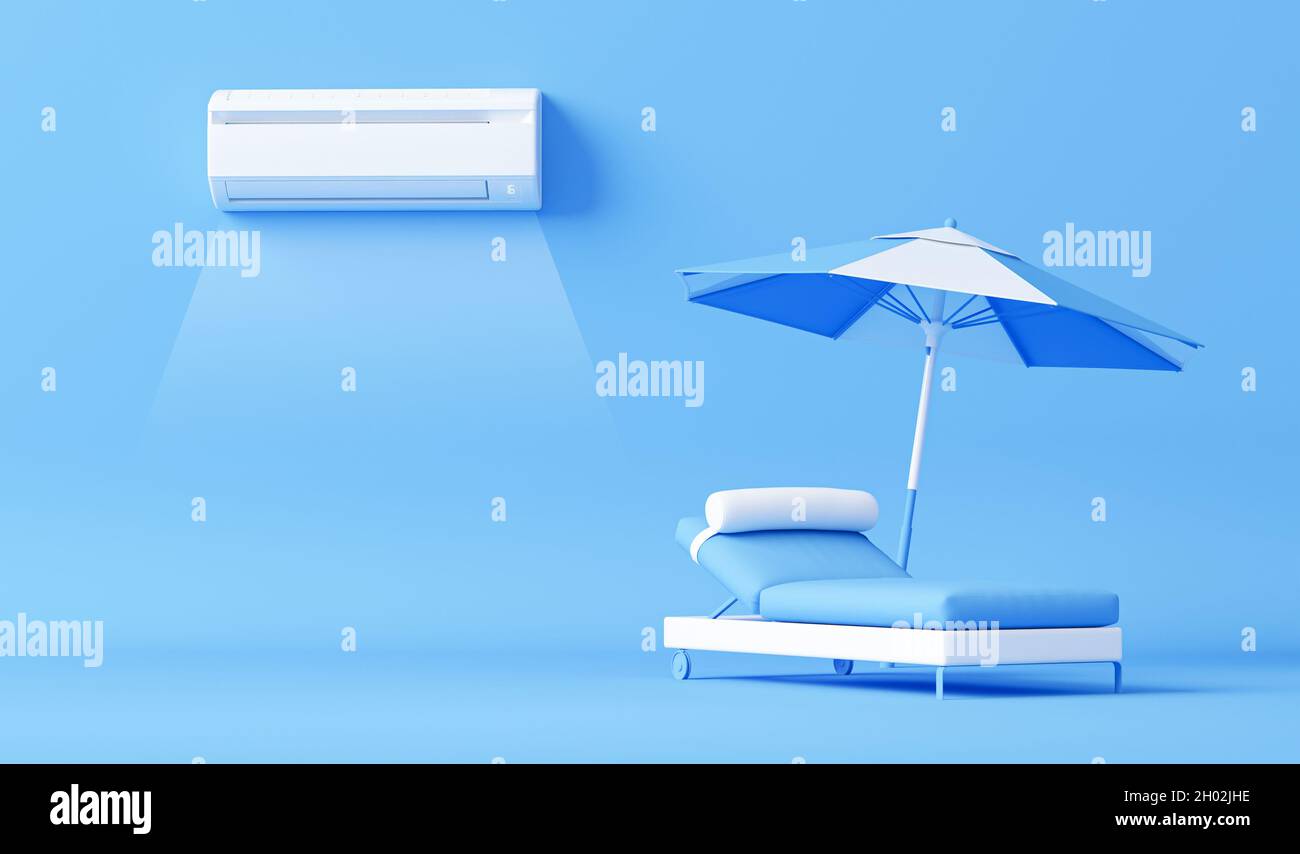 White air conditioner and umbrella, beach chair on blue background ...