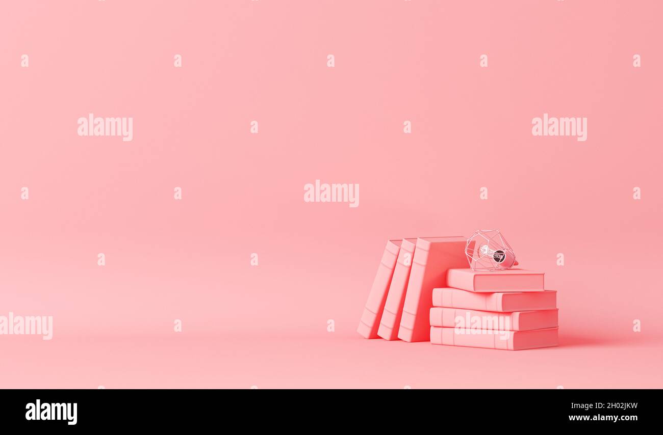 Books and light bulb in monochrome pink color background, single color ...
