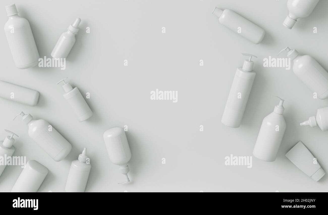 Shell plastic in cosmetic and plastic bottles on white background ...