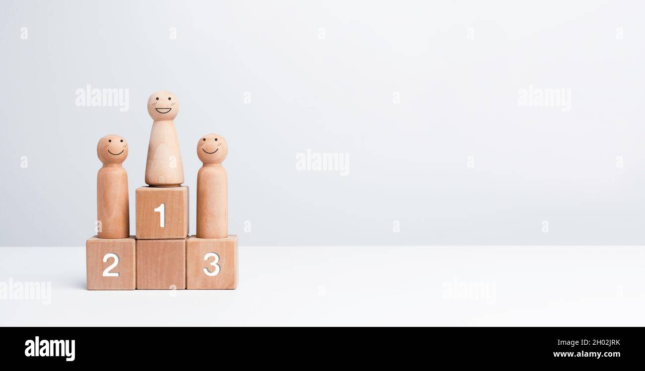 Business competition winner. Happy women standing on the winner podium ...