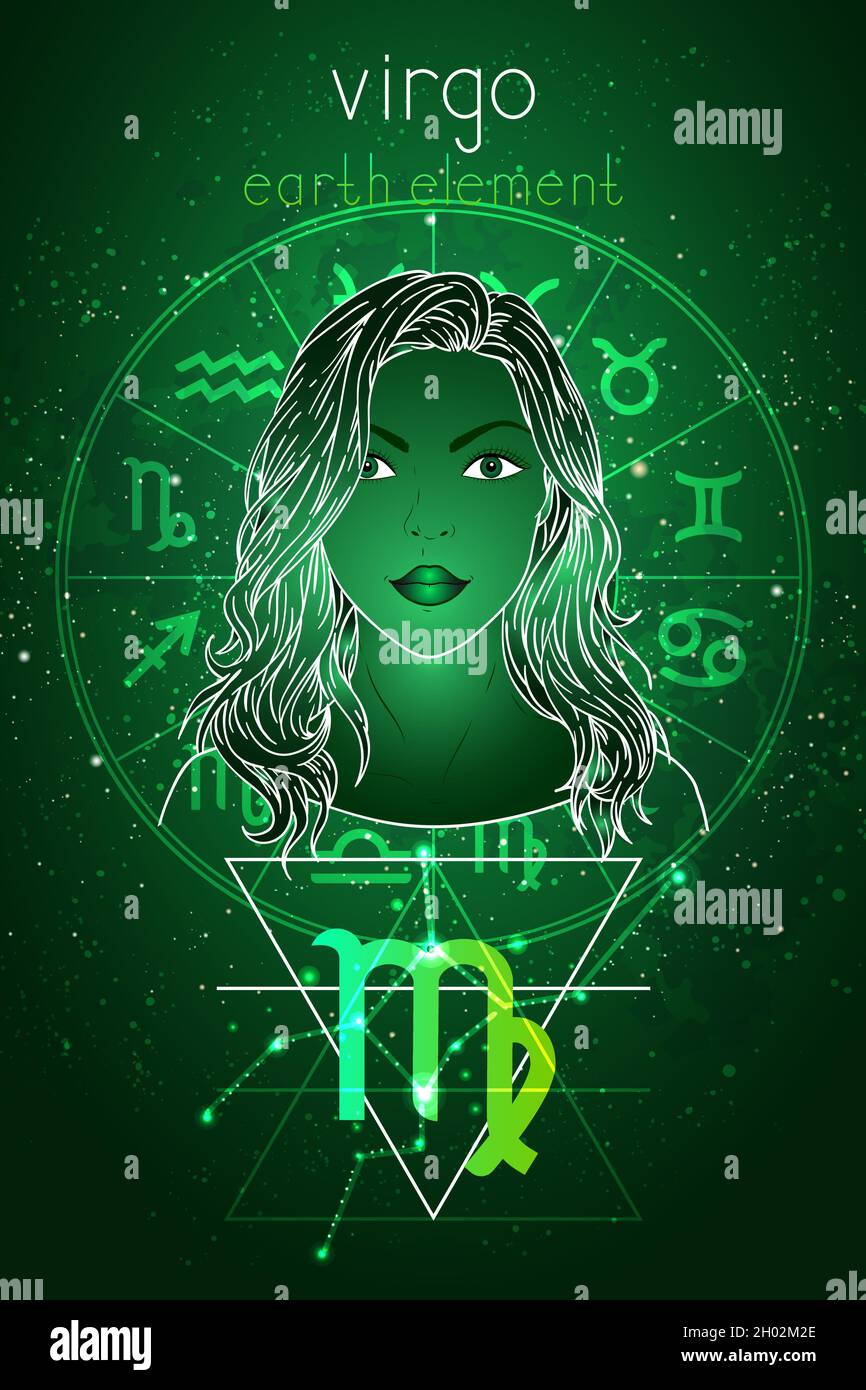 Vector Illustration Of Virgo Zodiac Sign Constellation And Portrait Beautiful Girl On Abstract