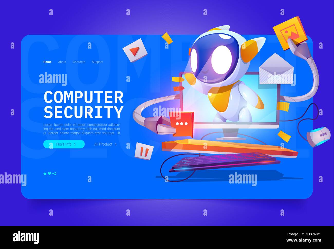 Computer security cartoon landing page, cute bot on computer monitor ...