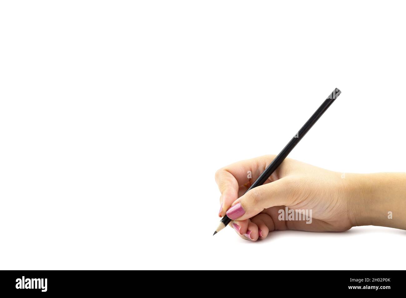 Female hand holdding black color pencils isolated on white background ...