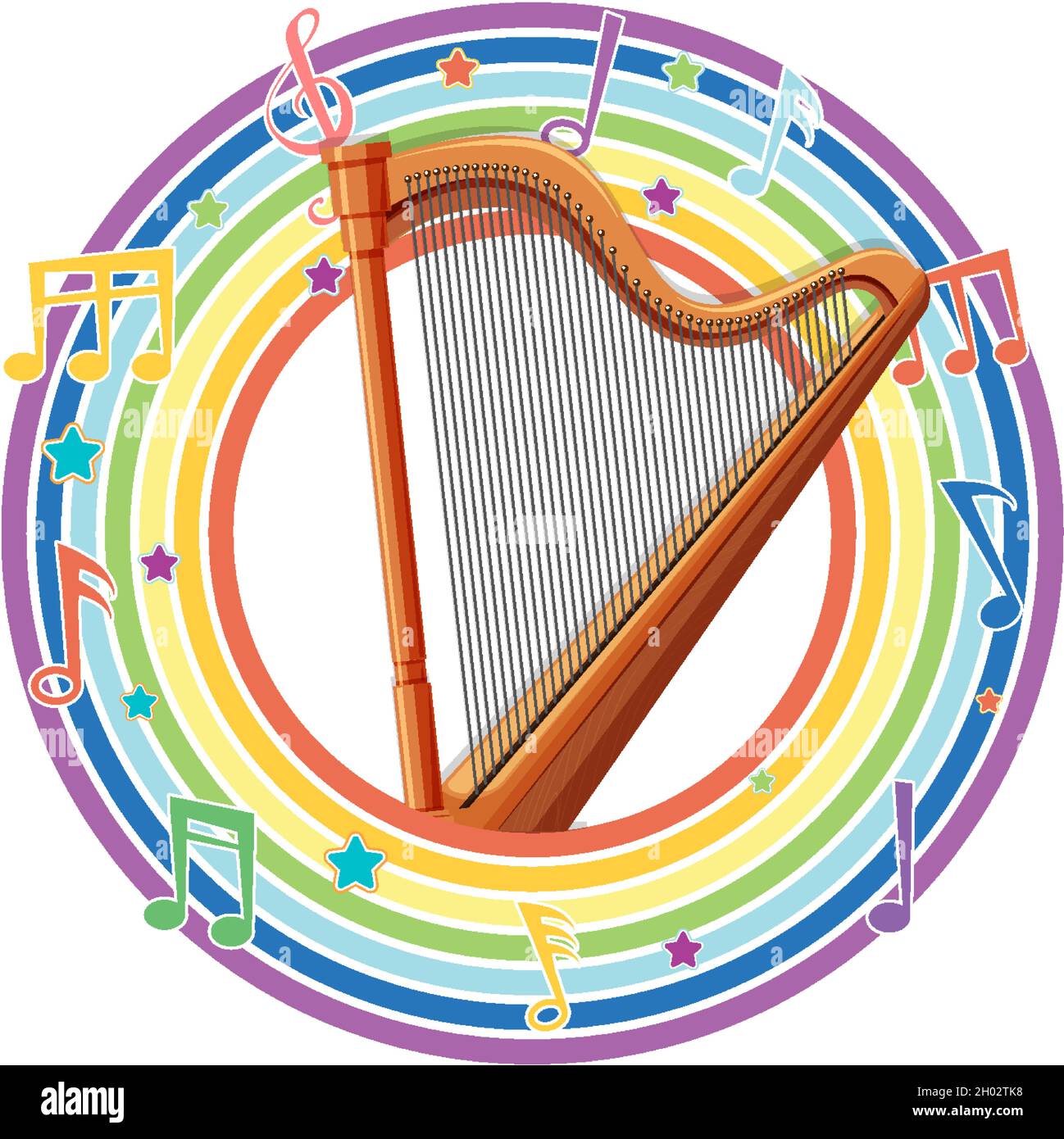 Harp in rainbow round frame with melody symbols illustration Stock ...