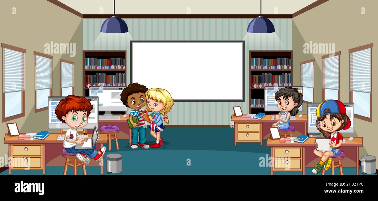 School kids in the classroom scene illustration Stock Vector Image ...