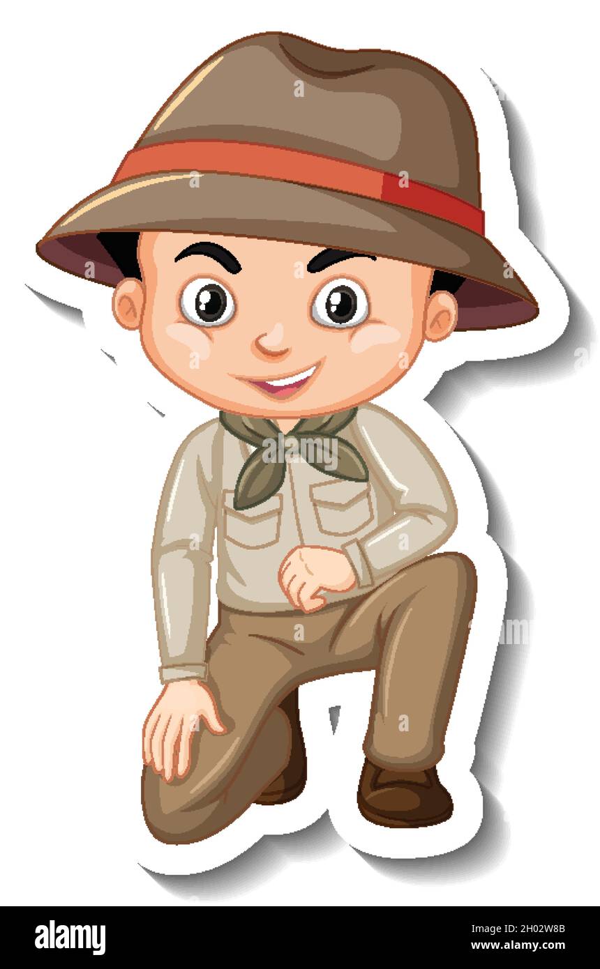 Boy in safari outfit cartoon character sticker illustration Stock ...