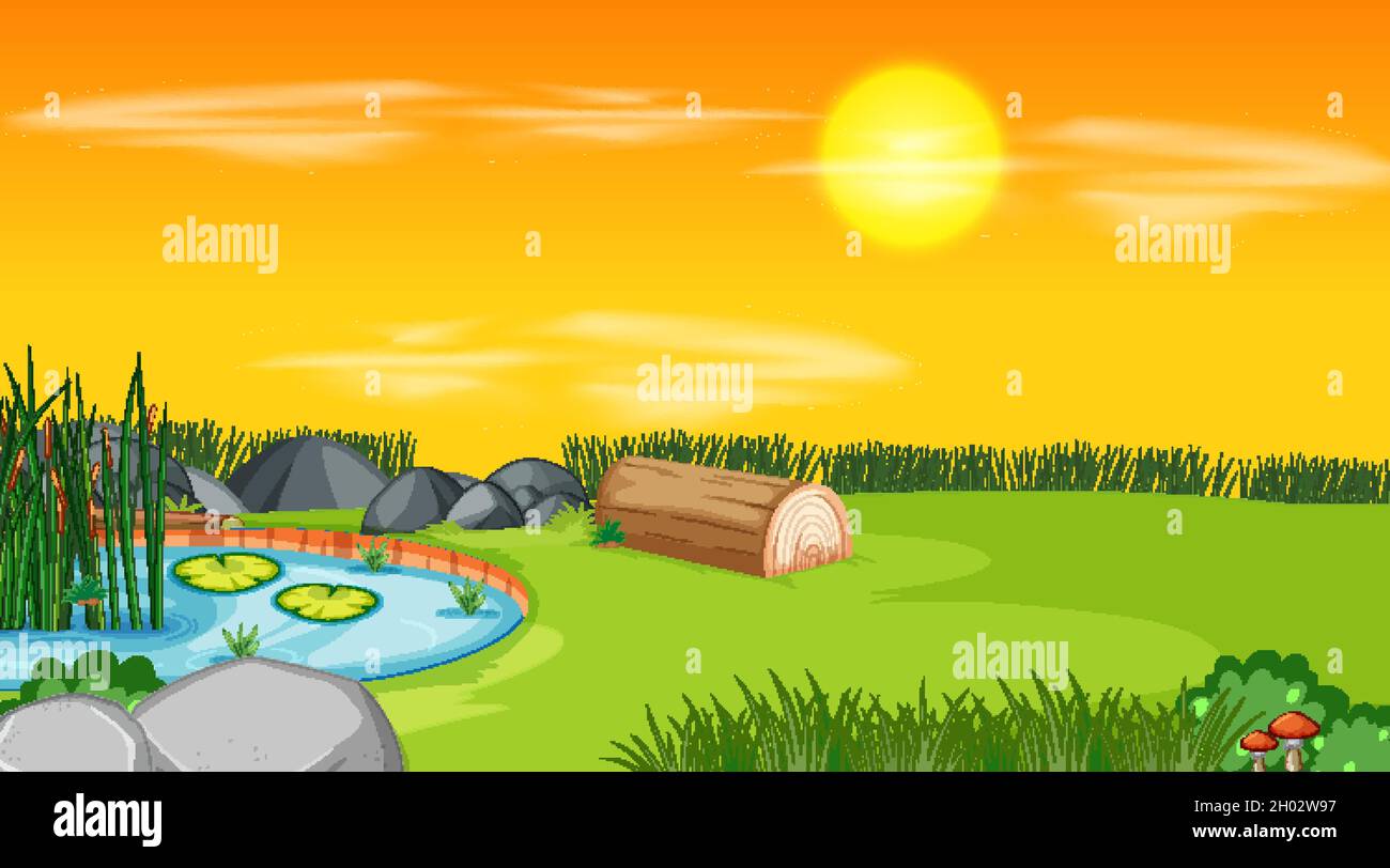 Landscape scene of forest with pond and the sun going down illustration ...