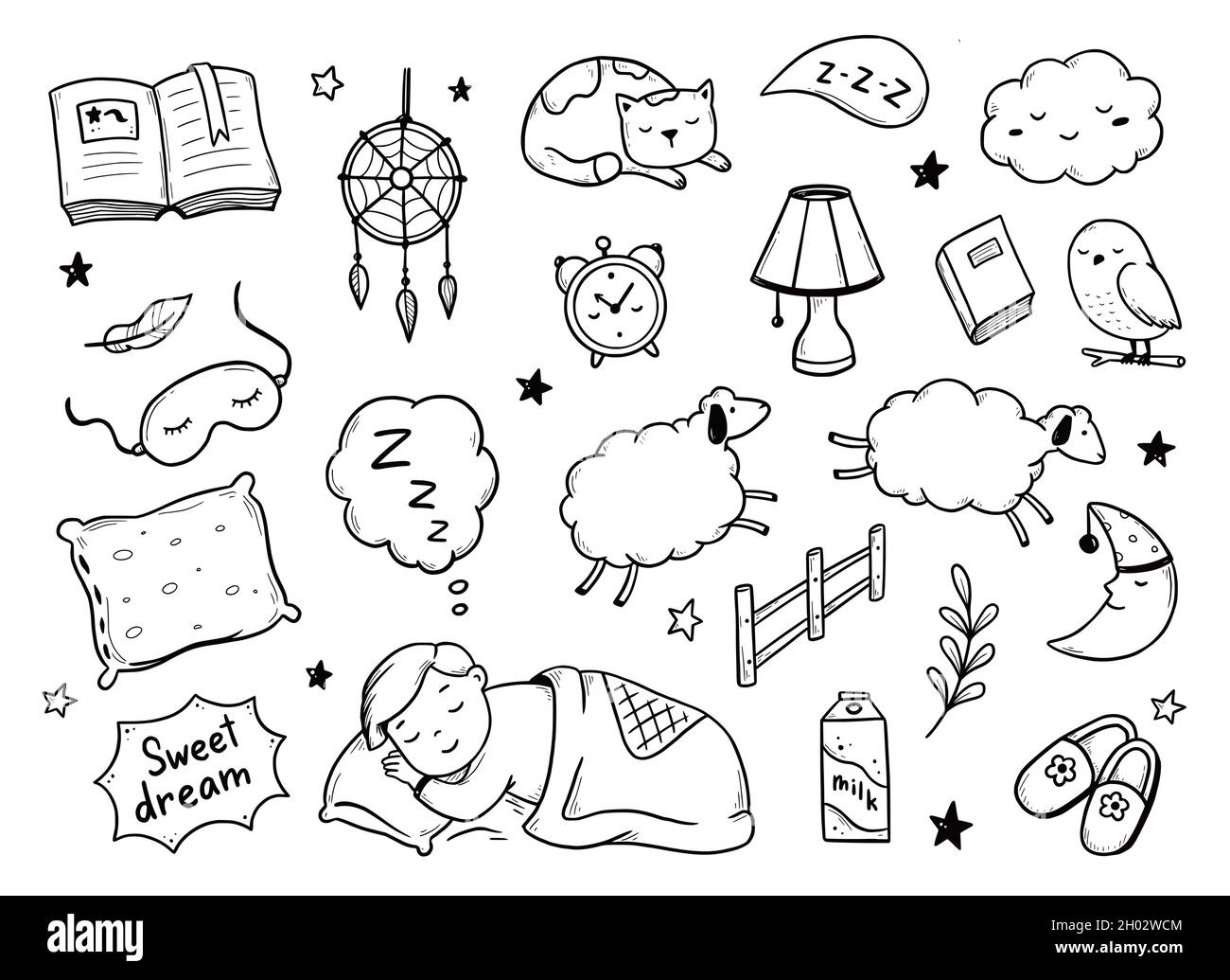 Sleep, relax time, dream night doodle set. Concept comfort night sleep ...