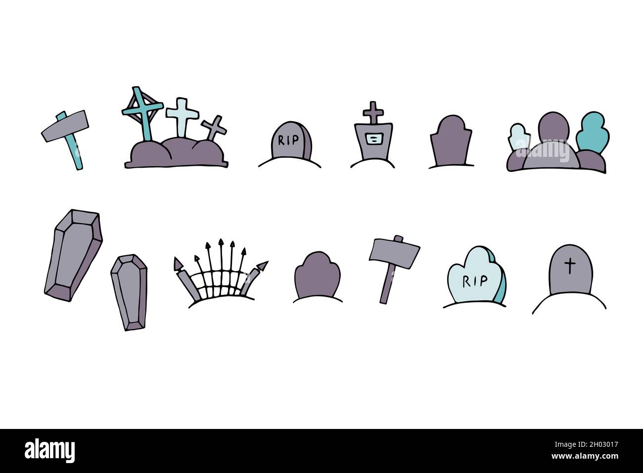 Vector doodle sepulcher set. Grave, coffin isolated on white background. Headstone, crosses ...